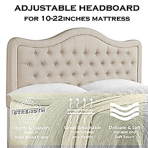 Rosevera Turin Linen Upholstered Panel Bed with Ajustable Button-Tufted Headboard for Bedroom, King, Natural Beige