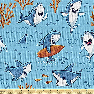 Ambesonne Shark Fabric by The Yard, Underwater Fantasy World with Funny Fish Characters Cheerful Childish Mascots, Decorative Fabric for Upholstery and Home Accents, 1 Yard, Orange White