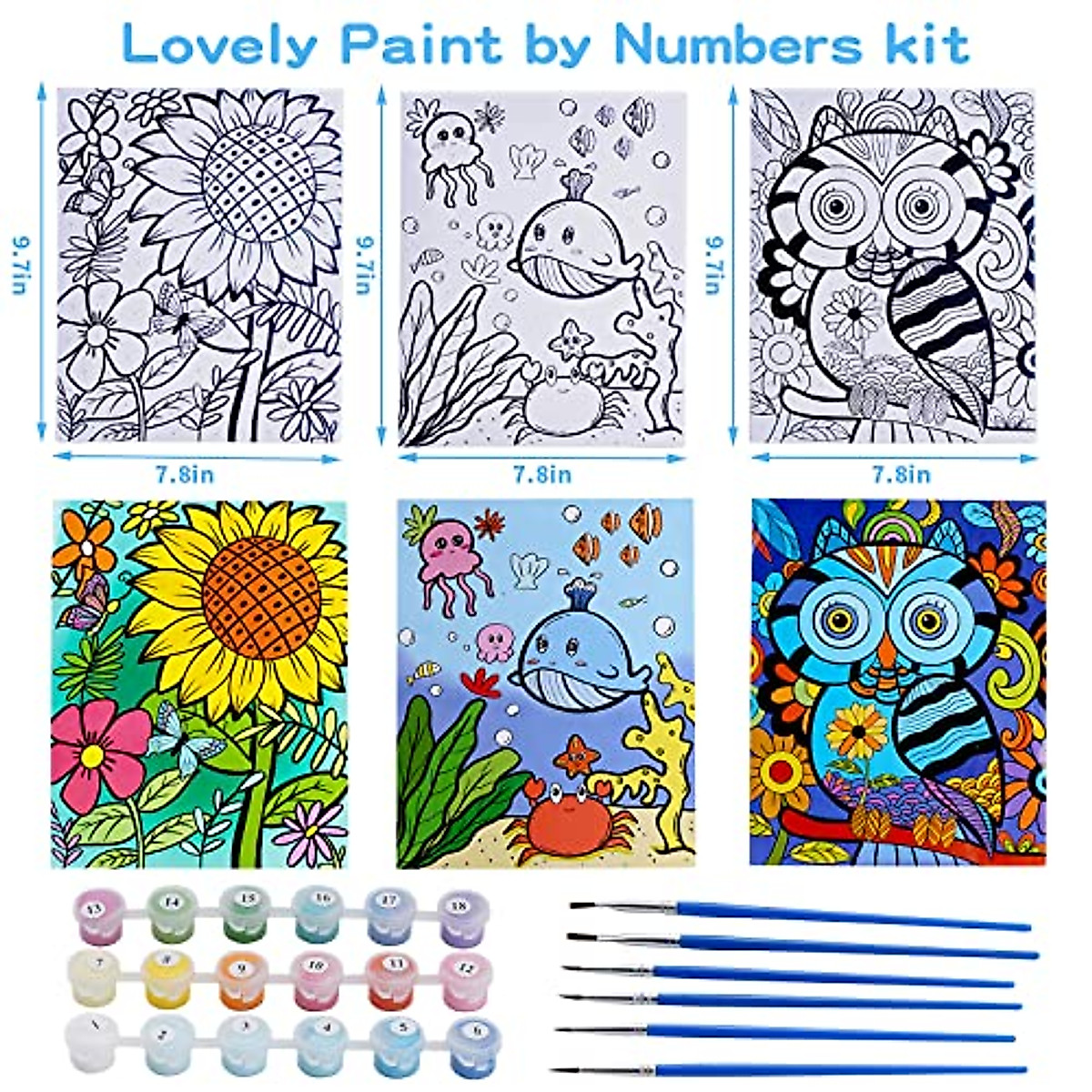 3 Pack Paint by Numbers for Kids Ages 8-12, 10*8"Color by Number for Kids Framed Canvas with 18 Acrylic Paint Pots and 6 Brushes, Kids'paint by number, Arts and Crafts Art Supplies for Kids 9-12