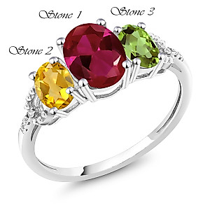 Gem Stone King 10K White Gold Customized and Personalized Gemstone Birthstone and Diamond 3-Stone Engagement Ring | 3 Stone Wedding Engagement Anniversary Promise Ring For Women (Size 8)