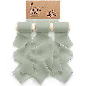 Vitalizart Dusty Green Chiffon Ribbon 2" x 15 Yd Sage Silk Like Handmade Frayed Edges Fringe for Wedding Invitations Bridal Shower Bouquets Gift Wrapping Holiday Decor