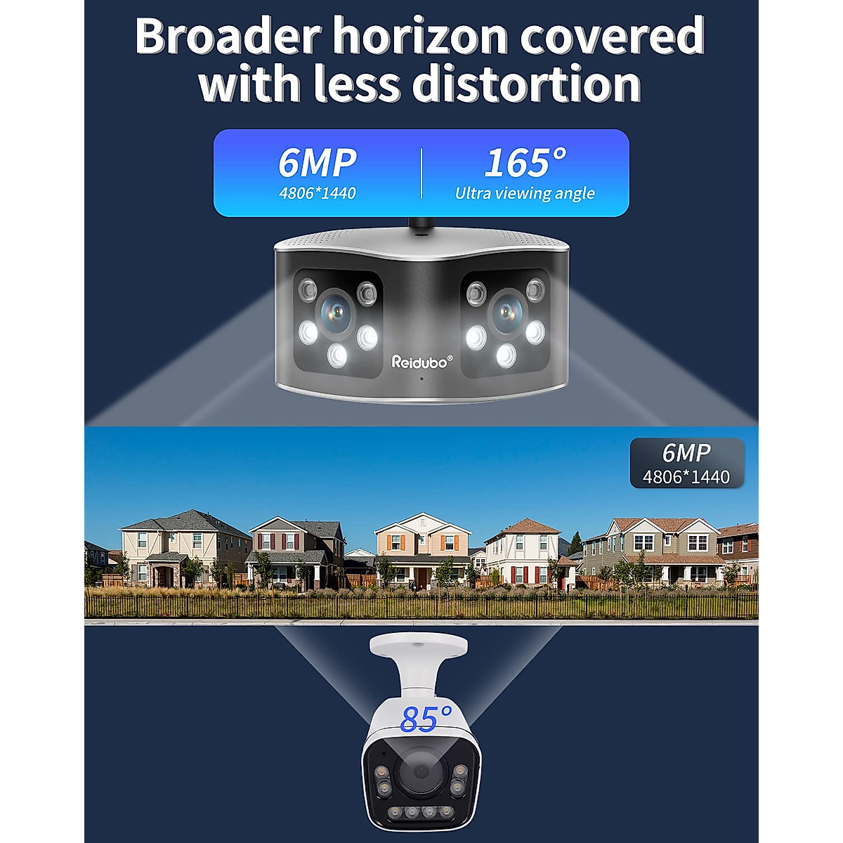 Reidubo 4K WiFi Security Cameras Outdoor with 165° Ultra-Wide Angle, Ultra-HD Dual Lens Cameras for Home Security, Two-Way Talk, Color Night Vision, IP66 Waterproof, Sound & Light Alarm