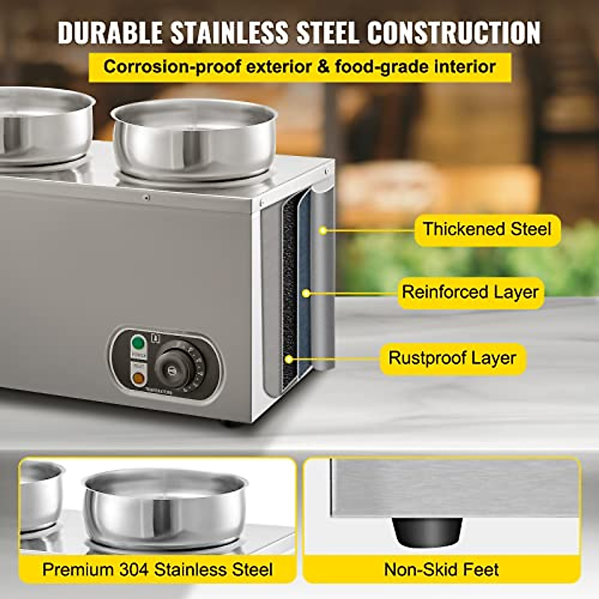 VEVOR 110V Commercial Food Warmer 8.4 Qt Capacity, 500W Electric Soup Warmer Adjustable Temp.86-185℉, Stainless Steel Countertop Soup Pot with Tap, Bain Marie Food Warmer for Cheese/Hot Dog/Rice