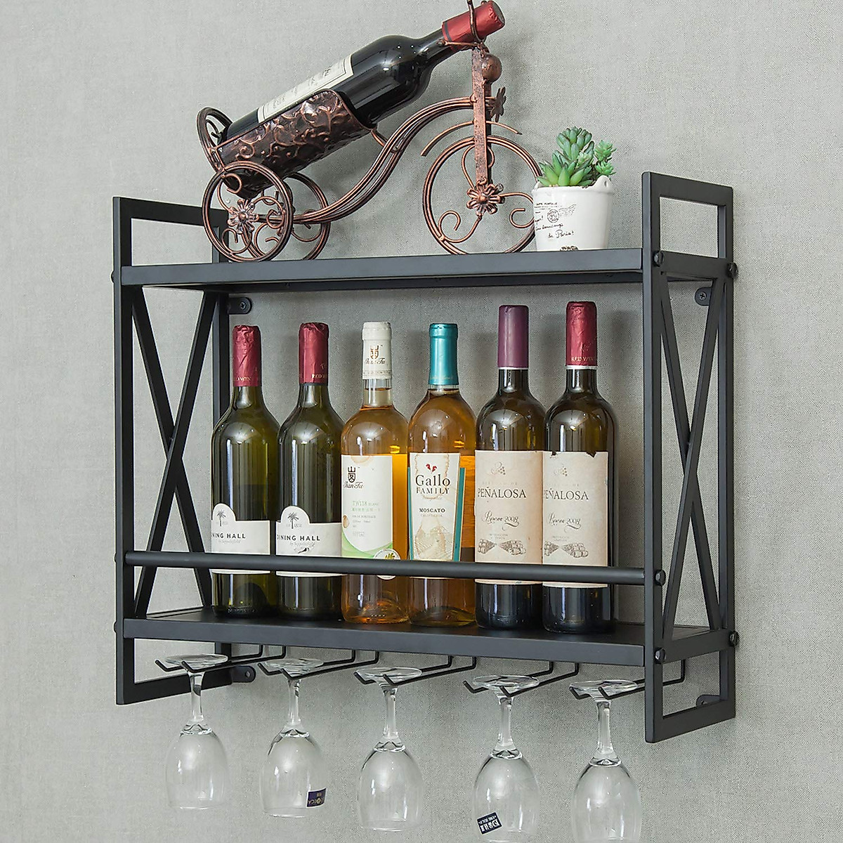 Industrial Wine Rack 14 Bottles Wall-Mounted Wine Cabinet with 5 Glasses Holder Metal Wine Storage Shelf Multi-Function Display Rack for Home Bar Restaurant Kitchen 23.6'' x7.9'' x20.5''