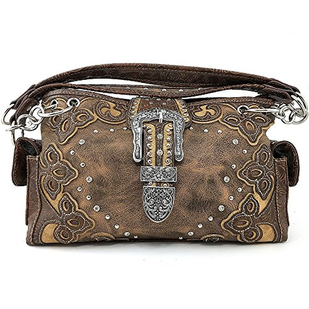 Justin West Gleaming Western Tooled Rhinestone Buckle Floral Embroidery Chain Shoulder Handbag Purse Concealed Carry (Brown handbag and wallet)