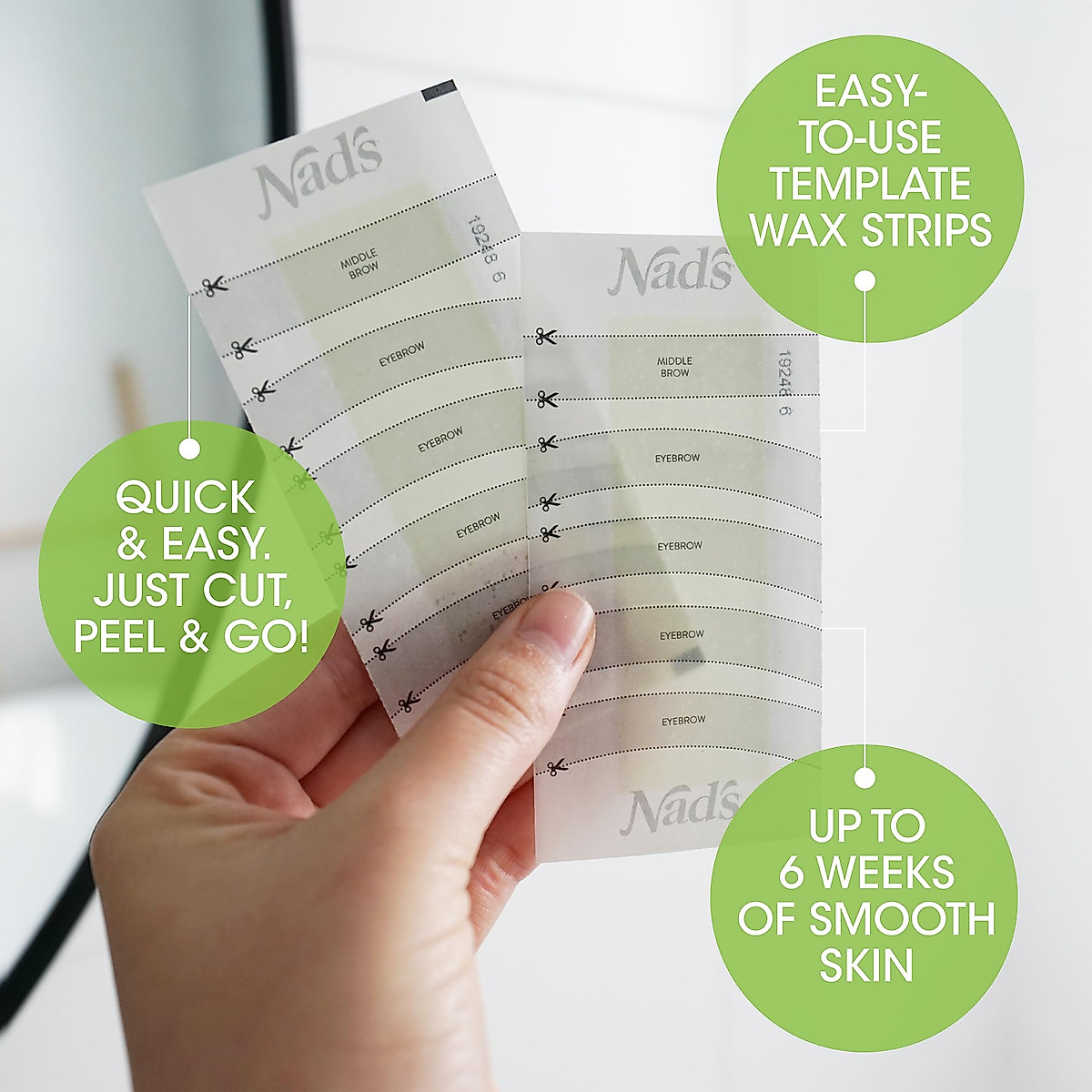 Nad's Eyebrow Wax Strips - Facial Hair Removal for Women - Eyebrow Wax Kit with 6 Eyebrow Waxing Strips + 6 Calming Oil Wipes + 2g Skin Protection Powder, 1 Count