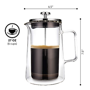 Kaffe Large French Press Coffee Maker & Camping Coffee Pot - Double-Wall Insulated Borosilicate Glass Tea & Coffee Press - Perfect Travel & Camping Cookware (6 cups / 0.8L)