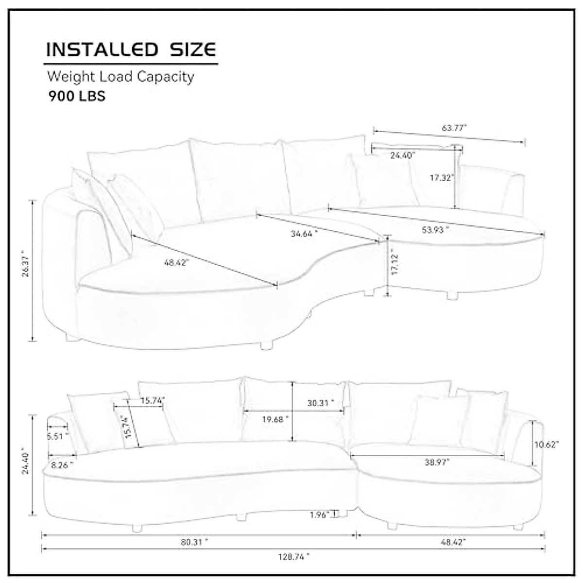 Eafurn Oversized Leather Curved Sofa, Right Hand Facing Sectional Couch with Extra Wide Chaise Lounge and Throw Pillows,6 Seater L-Shaped Leisure Sofa&Couches for Living Room Apartment
