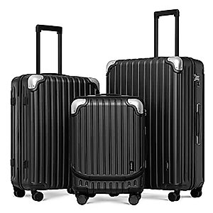 LEVEL8 Grace Luggage Sets PC+ABS Hardshell Suitcase with Spinner Wheels, Durable Lightweight Luggage TSA Lock 20" Expandable Carry on 24"/28" Checked Luggage, 3-Piece Set (20/24/28) – Black