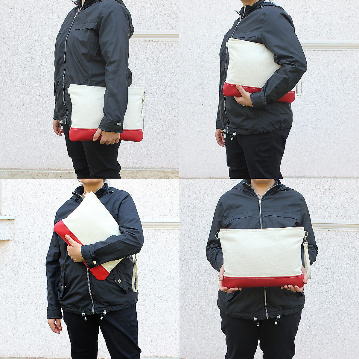 Natural Cotton Crossbody Wristlet Clutch Eco-Friendly Vegan Faux Leather Bag Phone Tablet Case Detachable Strap Unbleached Raw Canvas Fabric (Red)