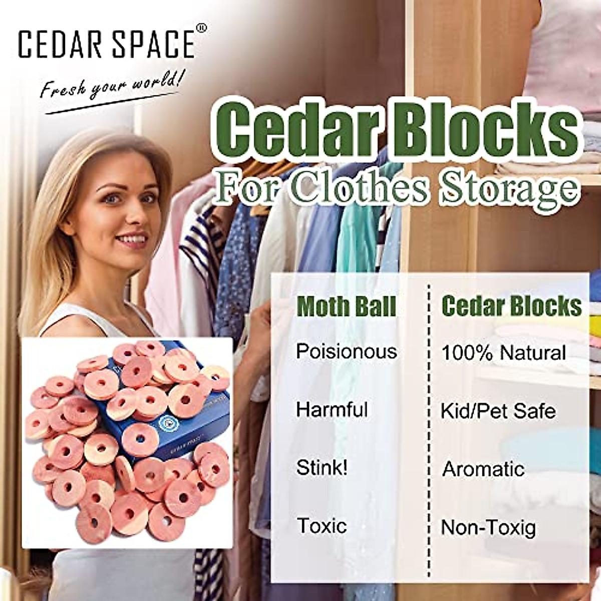 Cedar Space Cedar Blocks for Clothes Storage 100% Natural Aromatic Red Cedar Rings 72Pcs Protection for Wardrobes Closets and Drawers