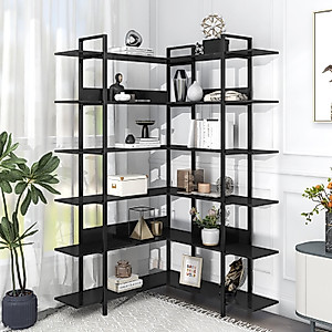 Daesar 74.8 Inch Bookshelf L-Shape MDF Boards Stainless Steel Frame Corner 6-Tier Shelves Adjustable Foot Pads, Black
