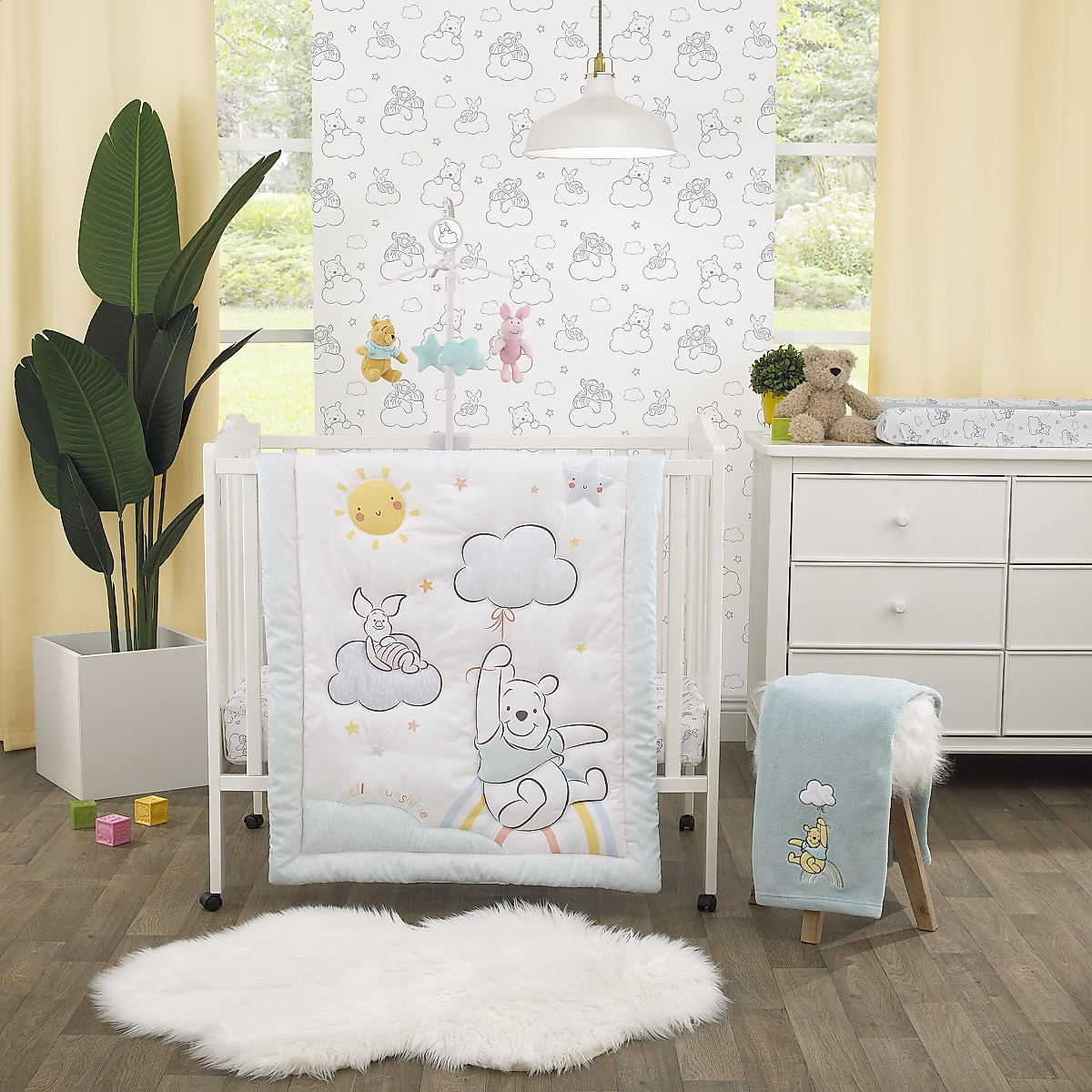 Disney Winnie The Pooh Hello Sunshine White and Aqua Piglet, Rainbow, Clouds, and Sun 3 Piece Nursery Mini Crib Bedding Set - Comforter and Two Fitted Mini Crib Sheets