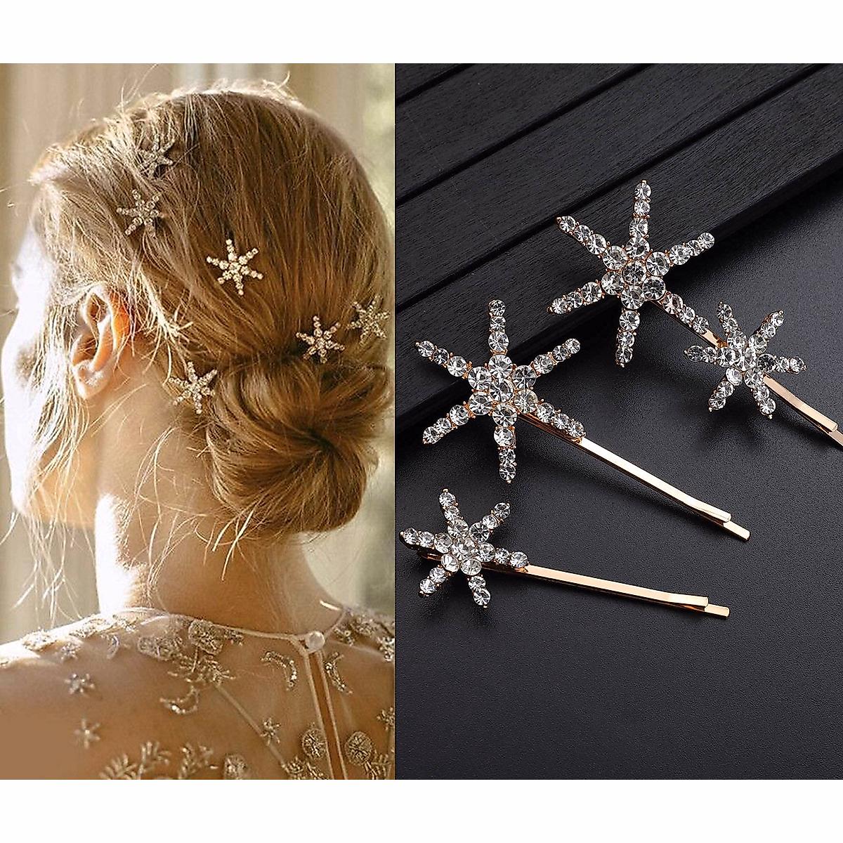 Wedding Hair Bobby Pins for Women Girls, Gold Snowflake Crystal Hair Clips, Elegant Hair Styling Accessories for Mothers Day Gift, 3PCS