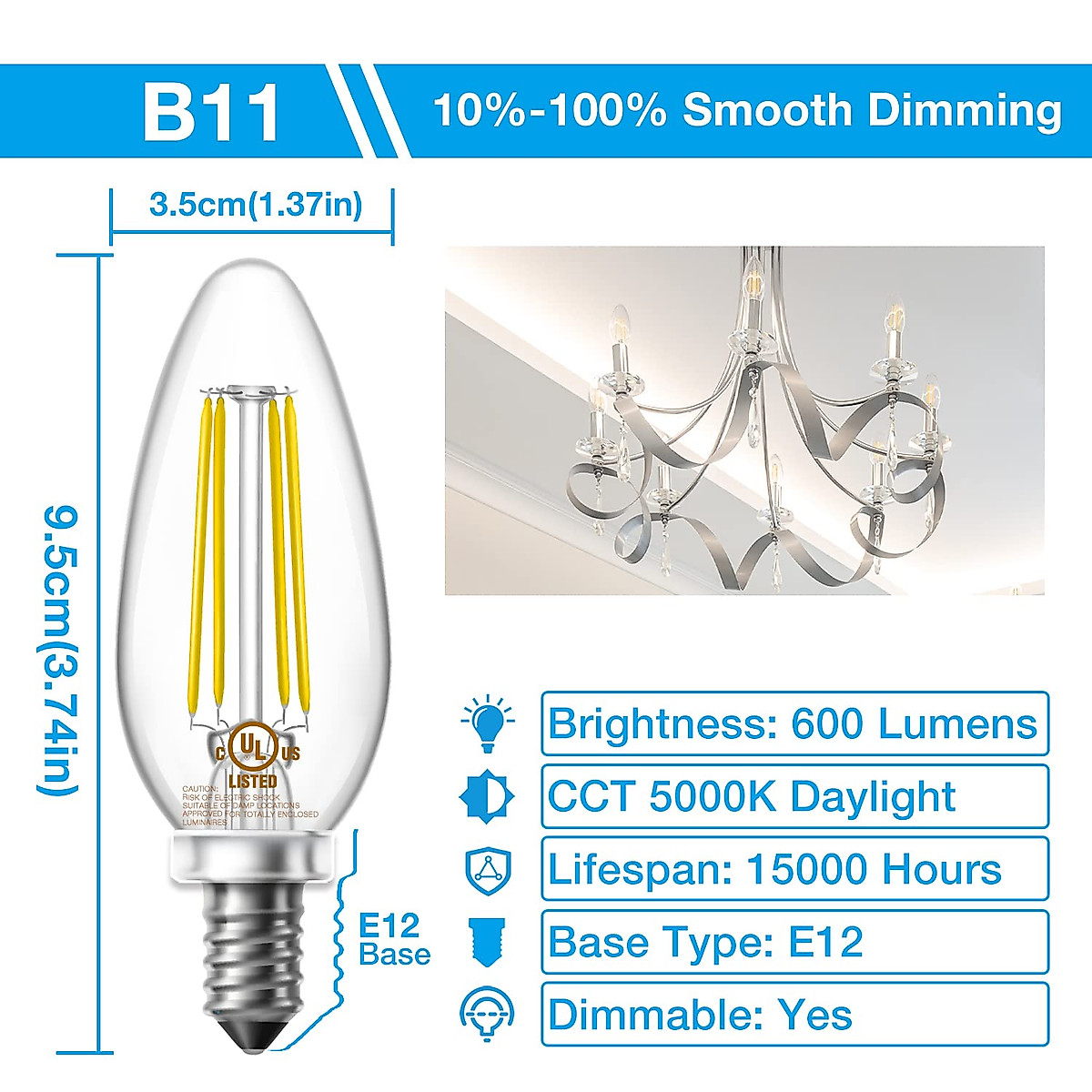 DAYBETTER E12 Led Candelabra Bulbs 60W Equivalent, Dimmable Chandelier Light Bulbs, High Brightness 600 LM Daylight White 5000K, B11 Filament Candle Light Bulbs, Clear Glass Style for Home, 10 Pack