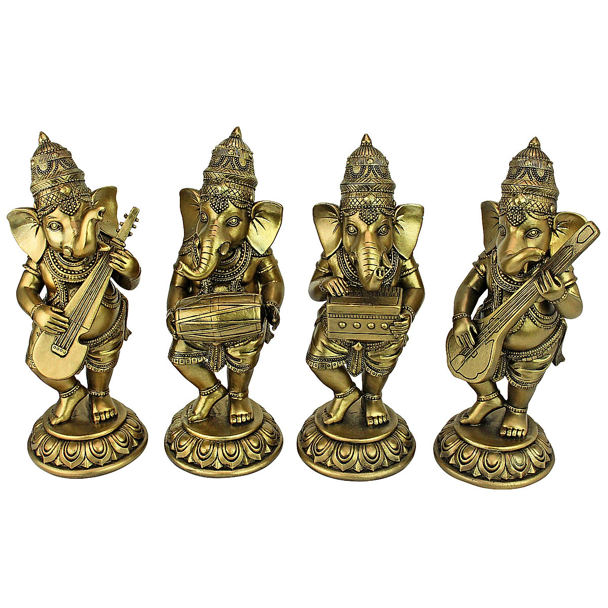 Design Toscano Musical Ganesha Hindu Elephant Men Band Statues, Set of Four Figurines, 7 inches tall, Cast Stone Resin, Antique Gold Finish