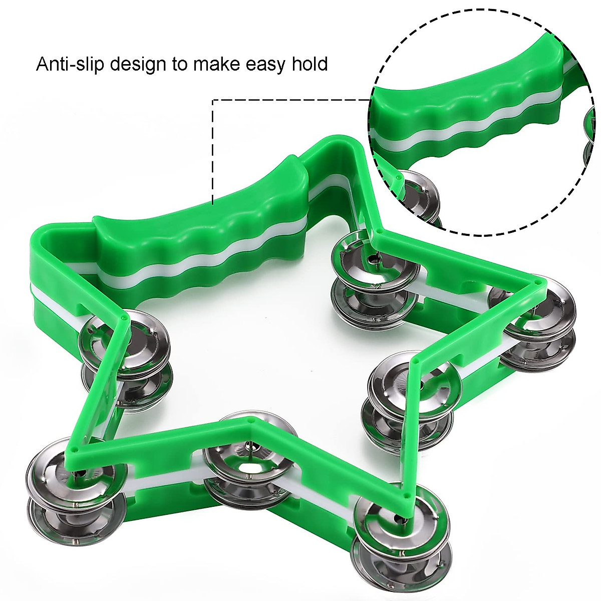 Facnogu 1 Pair Pentagram Handheld Tambourine Handbell Timbrel, Double Row Musical Percussion Instrument with 28 Nickel Steel Jingles - Green