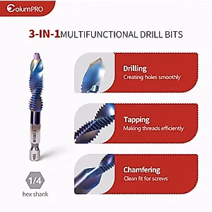 ColumPRO 12PCS Titanium Drill and Tap Combination Bits Set, 1/4” Hex Shank 3-in-1 Blue Coated Spiral Screw Tapping Multi-Function Bit for Drilling, Tapping and Countersinking (Metric&SAE)