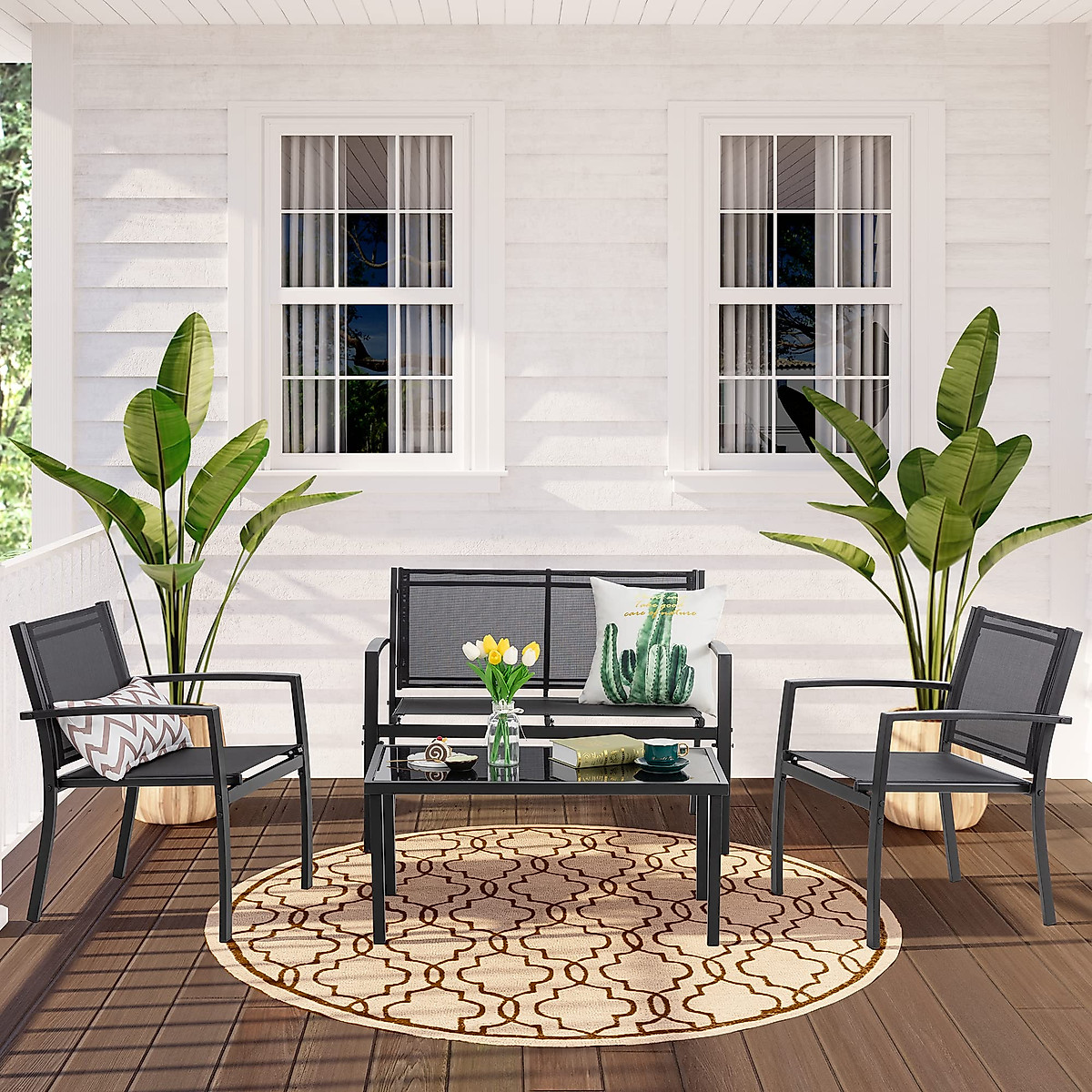 Meilocar 4 Pieces Patio Furniture, Textilene Metal Outdoor Furniture Set, Modern Conversation Set with Loveseat Tea Table, Small Outdoor Patio Chat Set for Backyard, Porch, Lawn and Balcony (Black)