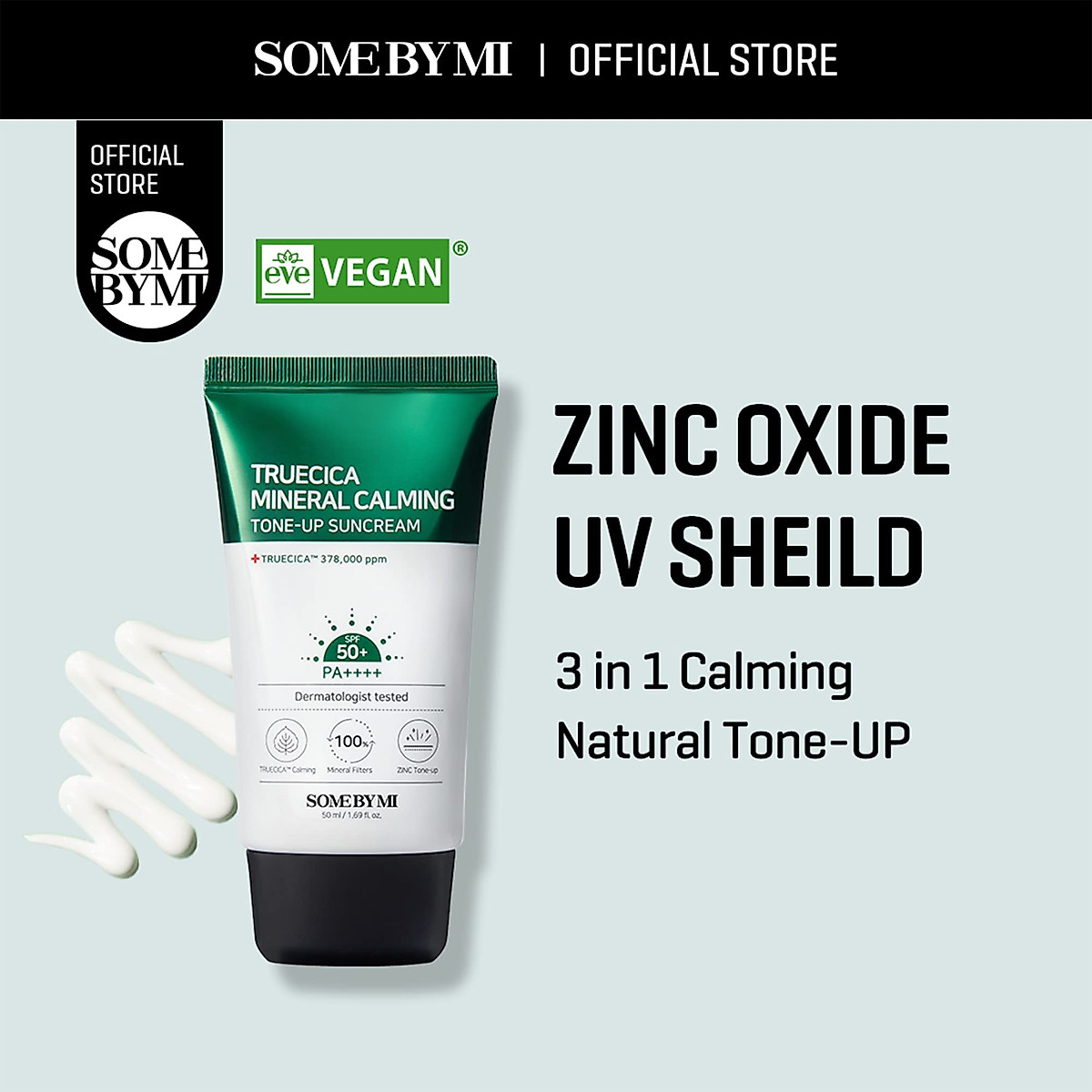 SOME BY MI Truecica Mineral Calming Tone-Up Suncream / SPF50+, PA++++ / 1.69Oz, 50ml / Brightening and Calming Effect/Mild Sun and UV Protection Sunscreen for Sensitive Skin
