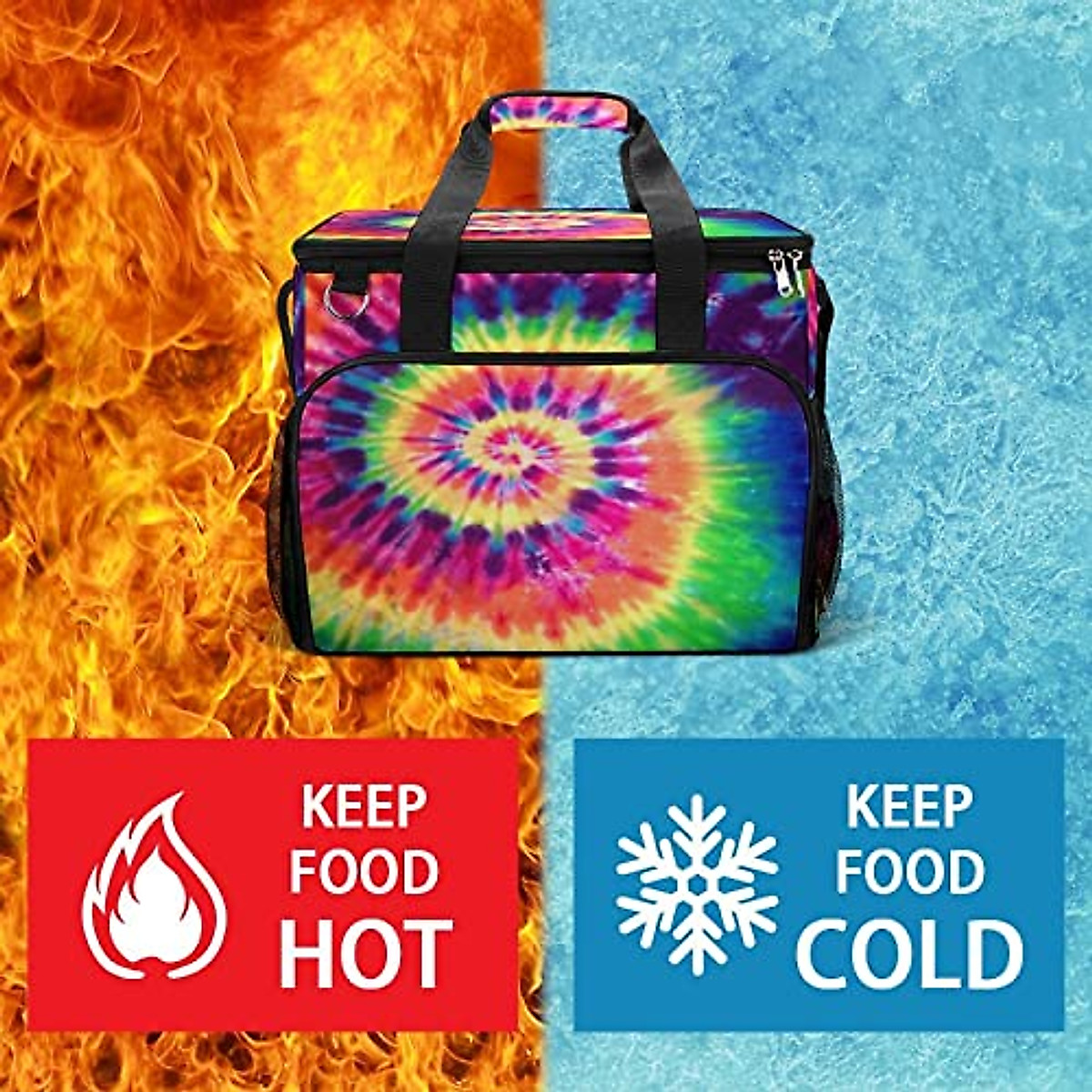 Tie Dye Insulated Bag Portable Ice Box Cooler Shoulder Pack with Side Pocket for Grocery Shopping Picnics Work Meals
