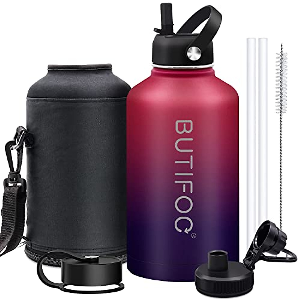 Butifoc Insulated Water Bottle, 64 oz Water Bottles with Straw & 3 Lids, Large Half Gallon Vacuum Metal Stainless Steel Travel Flask Keep Cold & Hot, Reusable Leak Proof Water Jug for Sports, Gym