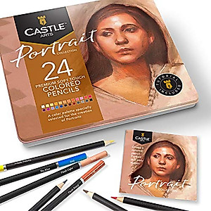 Castle Arts Themed 24 Colored Pencil Set in Tin Box, perfect ‘Portraits’ colors. Featuring quality, smooth colored cores, superior blending & layering performance achieves realistic results