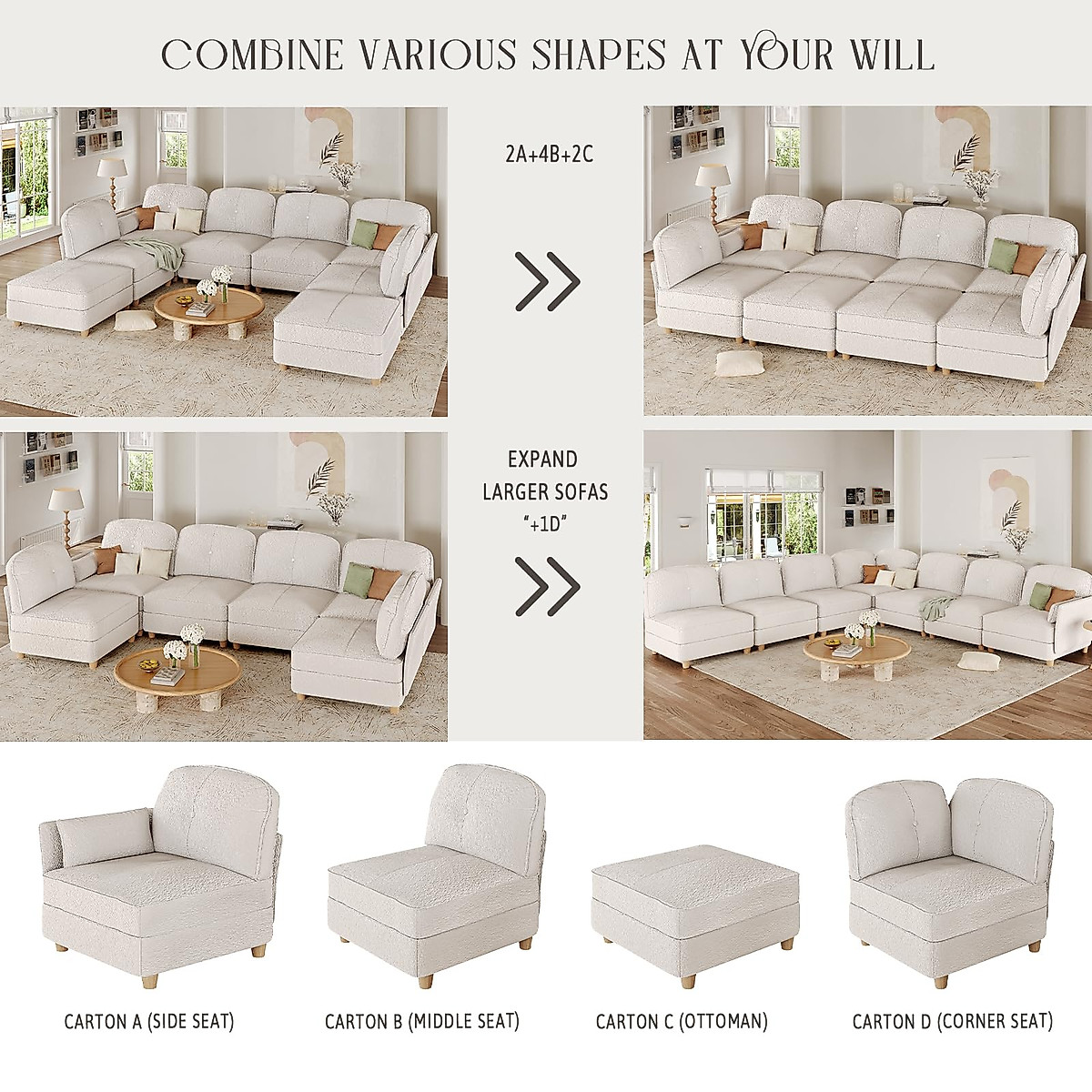 LLappuil Oversized Sectional Couch with Storage, Extra Large U Shaped Sofa Set with Reversible Chaise,113.5 Inch Width, 10 Seat Modular Sofa Sectional for Living Room, Off White, Teddy Velvet