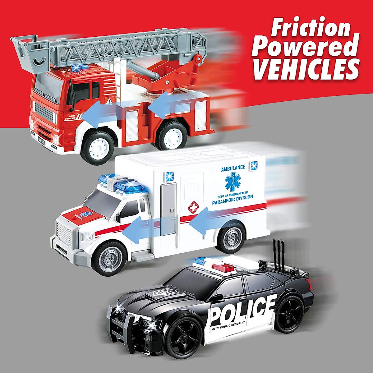 Dazmers Friction Powered City Hero Play Set Including Fire Engine Truck, Ambulance, Police Car for Kids, Boys and Girls - 3-Pack Emergency Vehicles with Light and Sound