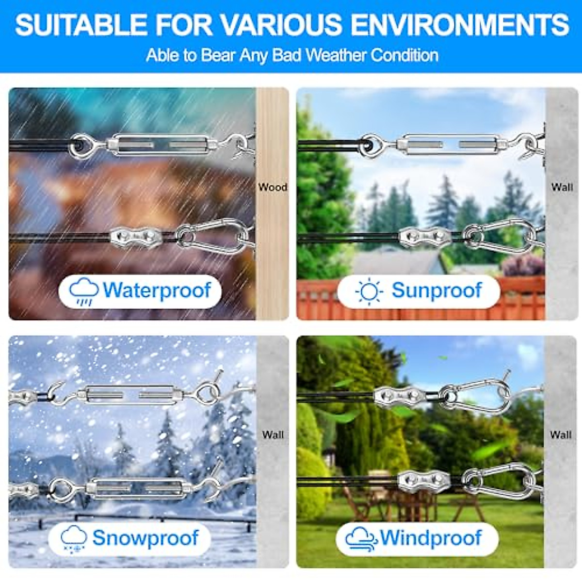 UGarden String Light Hanging Kit with 170ft Coated Stainless Steel 304 Tension Wire Rope, Outdoor Light Guide Wire kit, String Lights Suspension Kit