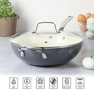 Martha Stewart Lockton 12" Essential Multipurpose Heavy Gauge Aluminum Frypan/Wok Pan w/PFA Free Premium Ceramic Nonstick Interior- Grey