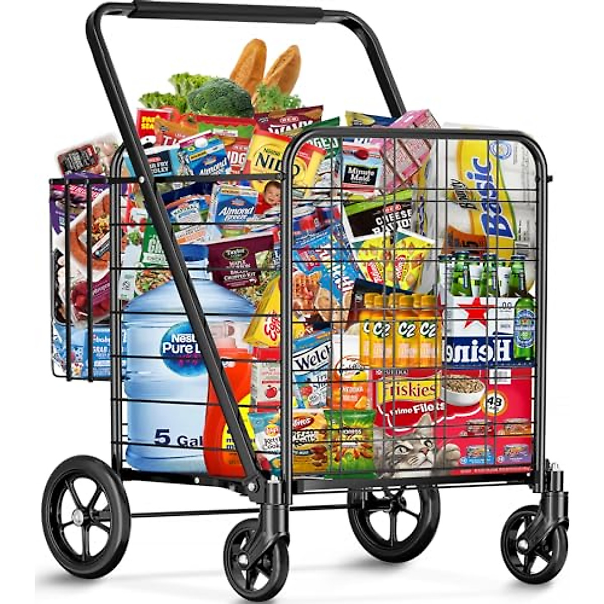 Shopping Cart，Jumbo 460 lbs Capacity Grocery Cart Heavy Duty Utility Cart w/Upgraded 360° Rolling Swivel Wheels & Double Basket Folding Shopping Cart for Transport Groceries, Luggage, Laundry, Condo