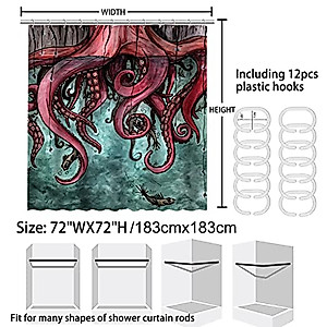4Pcs Pink Ocean Bathroom Sets with Shower Curtains and Rugs Fish and Marine Animals Shower Curtains Sets with Bath Mat and Toilet Seat Cover Funny Bathroom Sets and Accessories