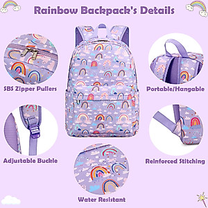 Rainbow Backpack for Girls, 3PCS Rainbow Backpack with Square Lunch Bag & Pencil Case Set for Girls, Large Capacity Kids School Bookbag Set for Preschool Kindergarten Elementary School