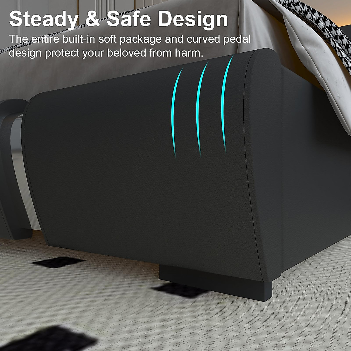 Kallabe Full Modern Faux Leather Upholstered Bed Frame with Adjustable Headboard, LED Lights，Low Profile Platform Bed with Iron Piece Decor，Wooden Slats Support, No Box Spring Needed, Black