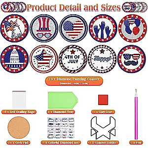 Billbotk 10 Pieces Independence Day Diamond Painting Coasters, Diamond Art Coasters with Holder, DIY Diamond Art Crafts Projects, Diamond Dots Kits for Adults and Beginners