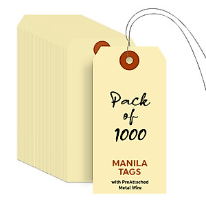SmartSign Blank Manila Shipping Tags with Wire - Pack of 1000, Size-5, 13pt Thick Prewired Cardstock Tag, 4 3/4" x 2 3/8" Paper Hang Tags with Reinforced Fiber Patch