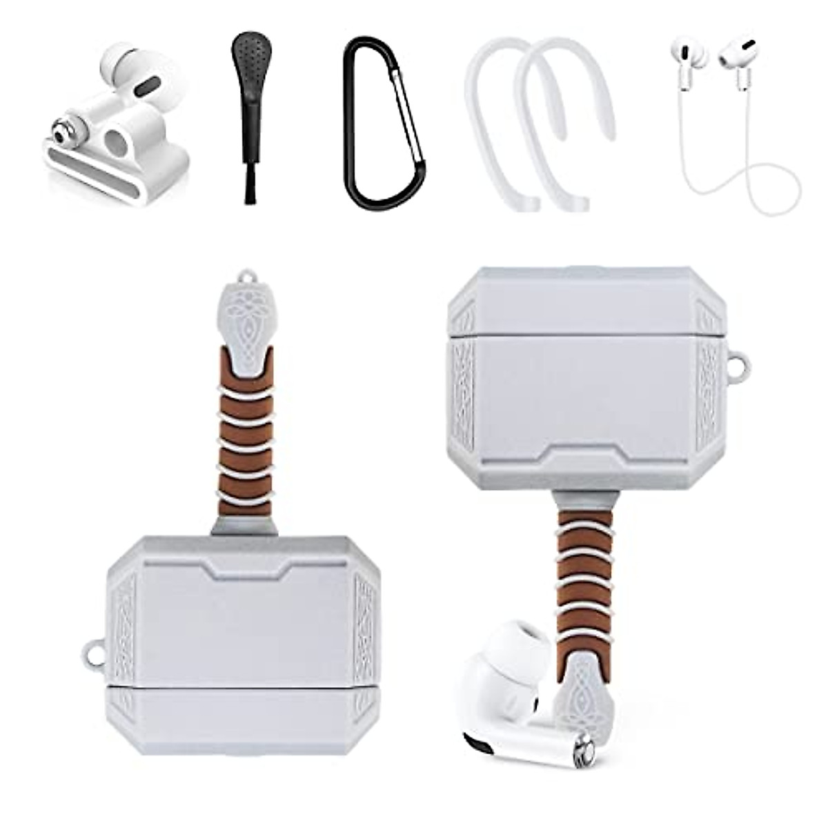 TOLUOHU 6In1 Accessories for Hammer AirPods Pro Case with Keychain, 3D Anime Cute Silicone Cover Fashion Cool Protective Cover Compatible Airpods Pro Ear Hook for Kids -Thor Hammer