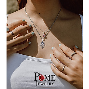 Pome Hamsa Hand Pendant Necklace with CZ Stone in Sterling Silver, Cubic Zirconia Necklace, Blue Enamel, Made in America (Pendant Only)