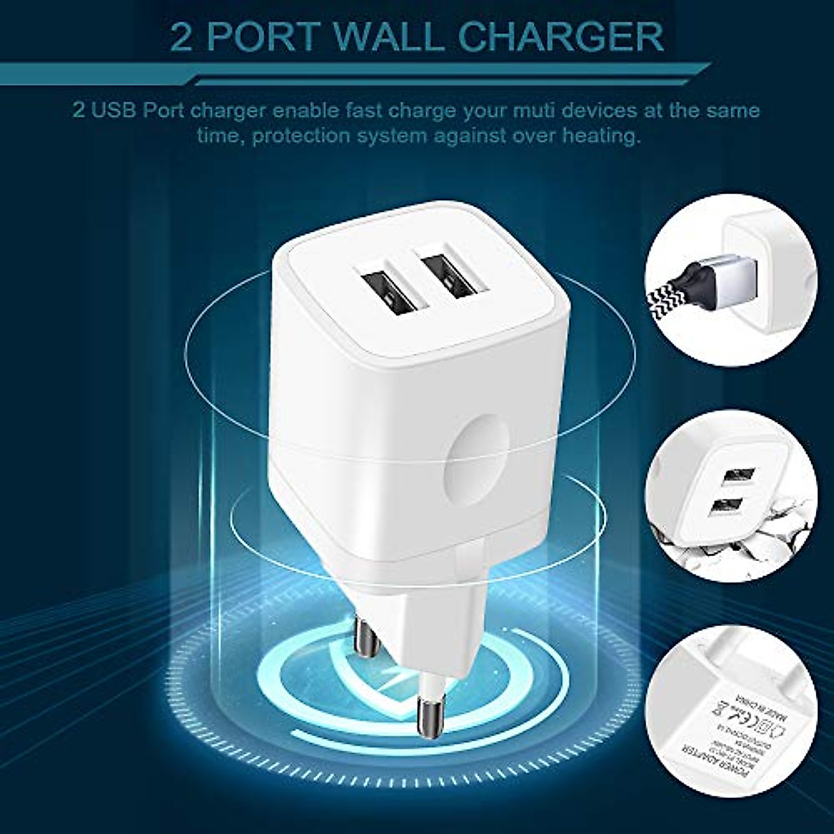 European Travel Plug Block, Wall Charger Power Adapter for Europe Adaptor, 2.1A Dual Port USB Cube Fast Charging Box Base Brick for iPhone 13 Pro Max 12 11 XR XS X/8/7, US American to Europe Converter