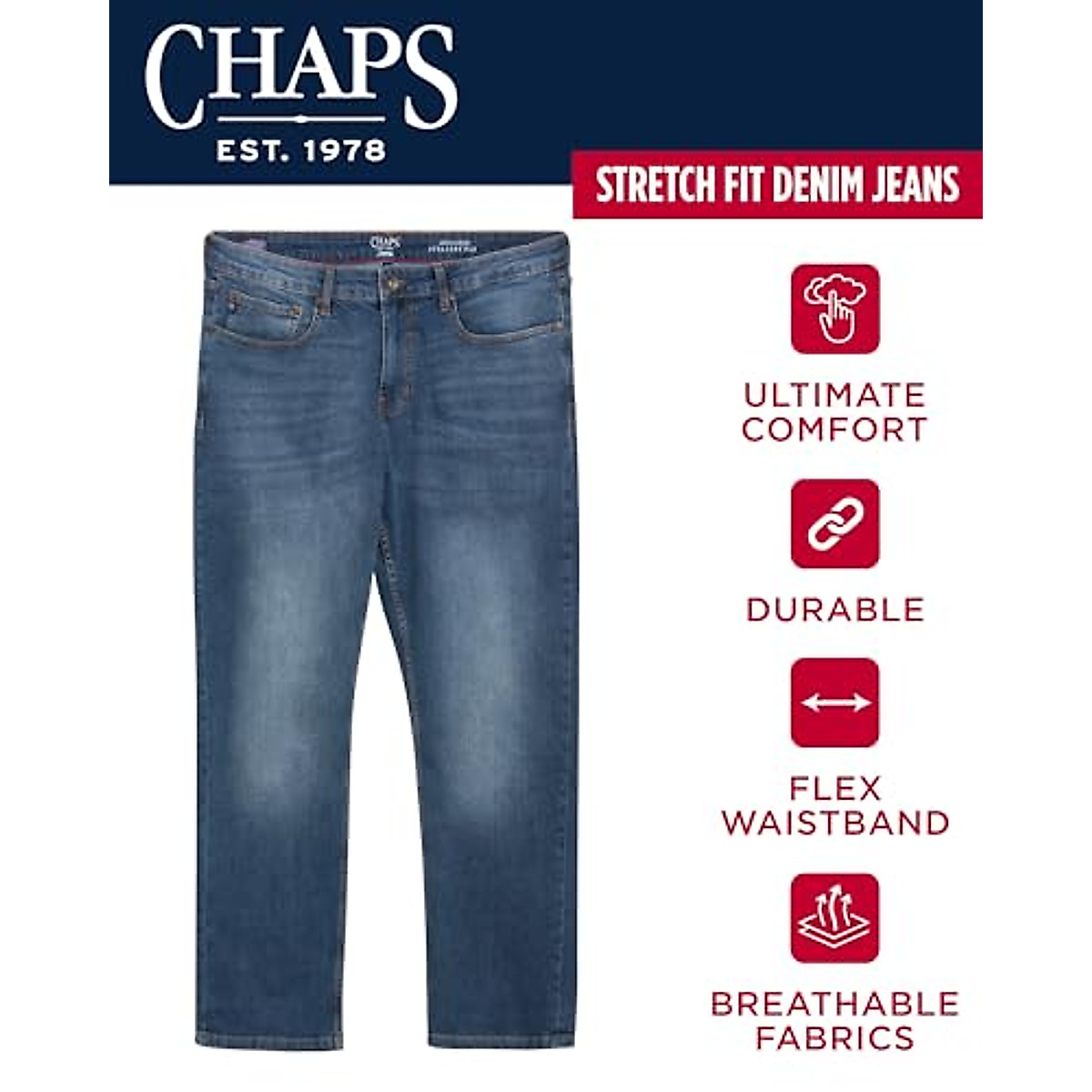 Chaps Men's Jeans - Straight Leg Comfort Stretch Denim Jeans - Regular Slim Fit Jeans for Men, Size 38W x 30L, Armour Wash