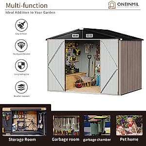 Oneinmil Outdoor Storage Shed 8x6 FT, Metal Tool Shed with Lockable Door, Metal Shed Garbage Can, Storage House for Backyard, Garden, Patio, Lawn, Brown