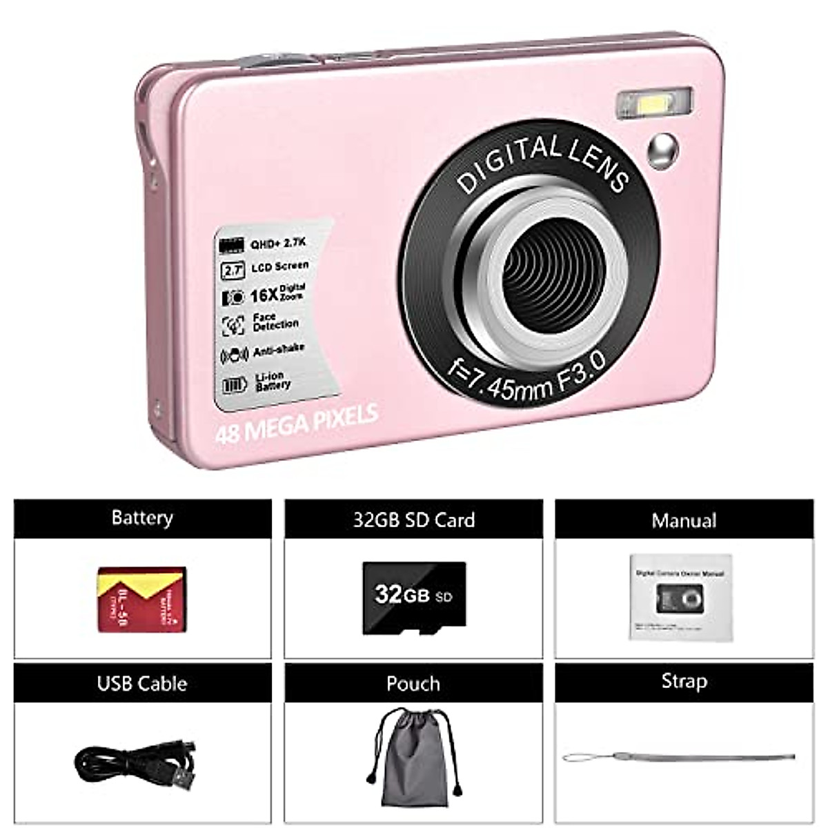 Digital Camera for Kids, 2.7K Digital Camera for Teens, Boys and Girls, 16X Digital Zoom Camera with 32GB SD Card and 2 Batteries (Pink)