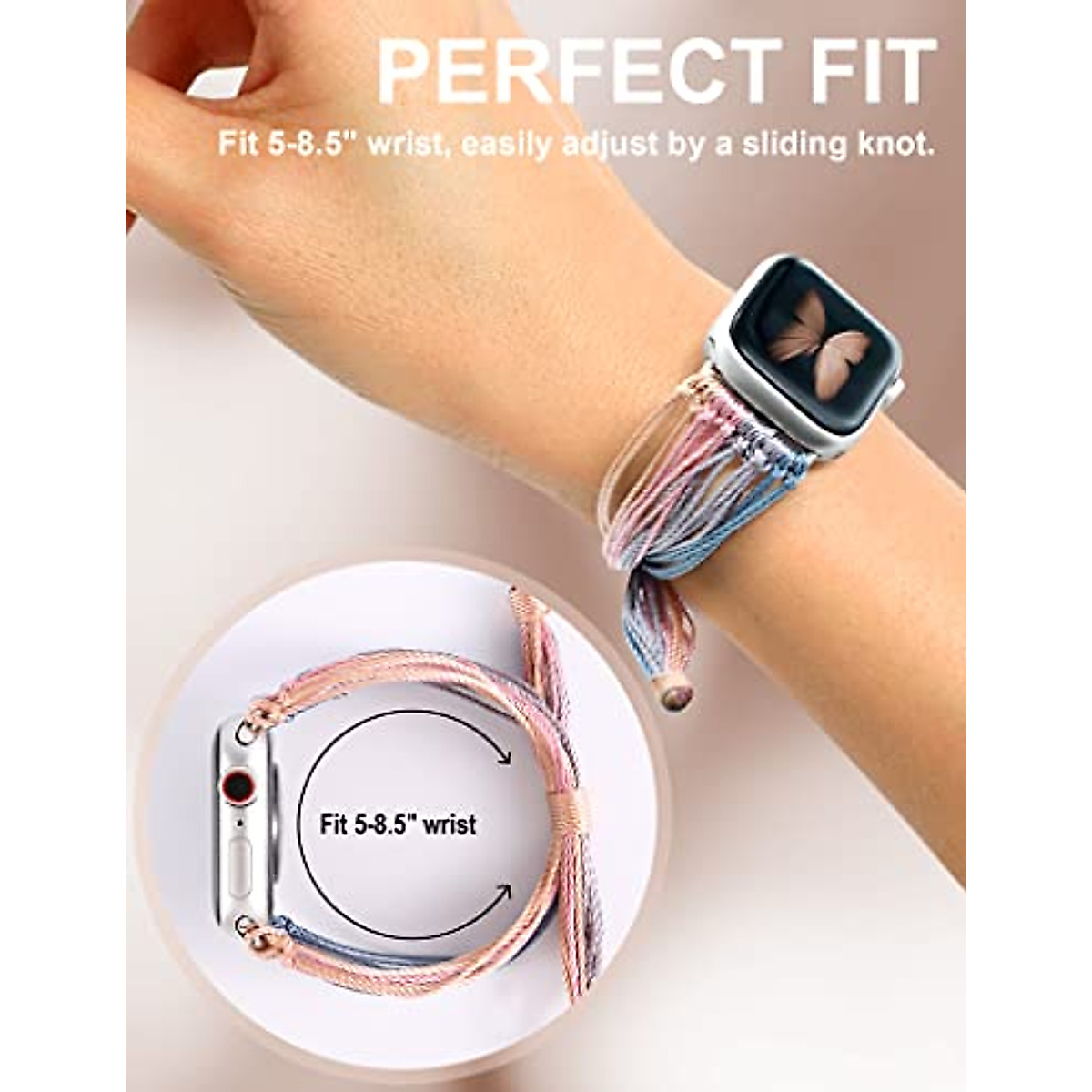 JR.DM Boho Watch Band, Compatible with Apple Watch Band 8/SE/7/6/5/4/3/2/1 38mm 40mm 41mm for Girls Women 40mm-Women-Band Christmas Gift, Handmade Bracelets Hippie String Art (Afterglow)