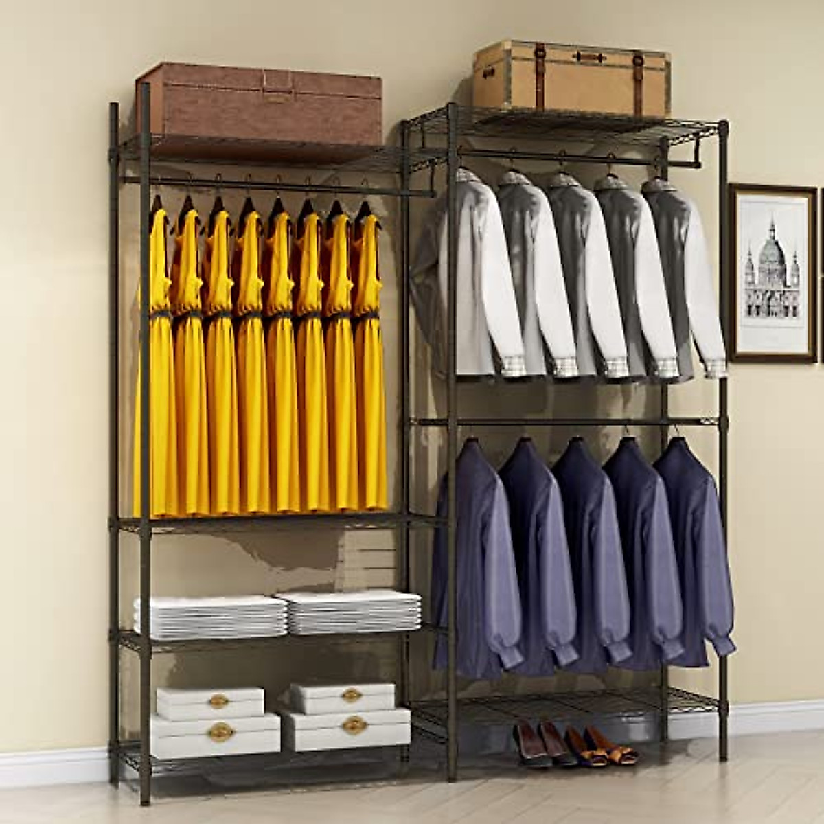 XIOFIO Heavy Duty Garment Rack, Metal Clothing Rack with 3 Hanging Rods and 6 Adjustable Shelves, Freestanding Open Wardrobe Organizer for Hanging Clothes,54"L x 16.5"W x 76.7"H Max Load 600LBS, Black