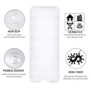 YINENN Bath Tub Shower Safety Mat 40 x 16 Inch Non-Slip and Extra Large, Bathtub Mat with Suction Cups, Machine Washable Bathroom Mats with Drain Holes, Clear