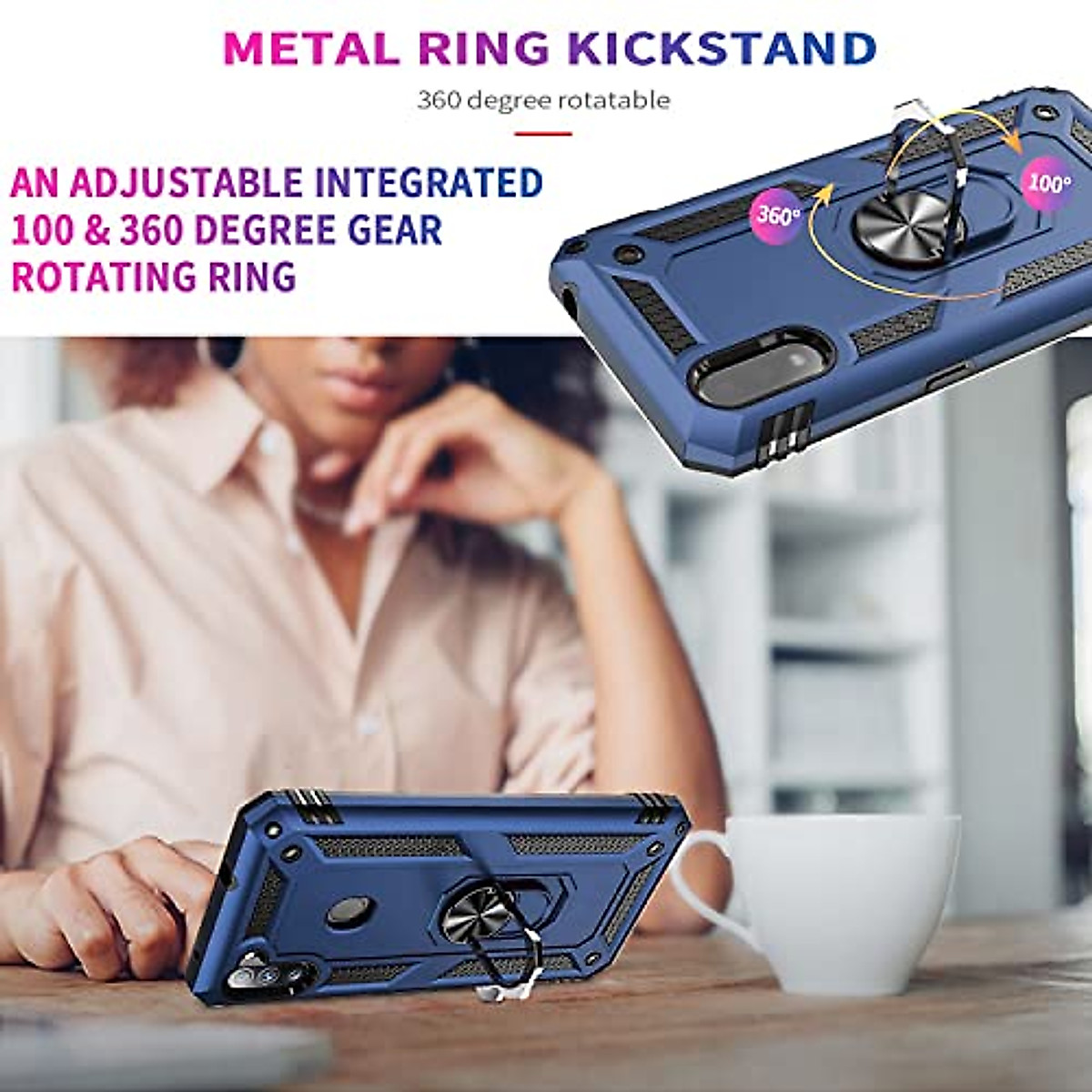 STARSHOP Samsung Galaxy A11 Phone Case, Samsung A11 Phone Case, with [Tempered Glass Screen Protector Included] Military Grade Shockproof Protective Phone Cover with Metal Ring Kickstand -Navy