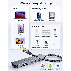 WARRKY USB C Hub, 5 in 1 SD/Micro SD Card Reader Adapter [Read 5 Ports Simultaneously, 3 Highspeed USB 3.0] 2TB Capacity OTG Compatible with iPhone 15 Pro, Samsung Galaxy, MacBook Pro/Air, iPad -Gray