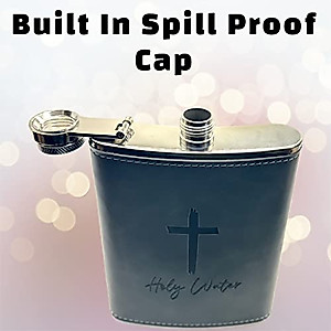 Holy Water Flask Gift With 2 Cups. 8 Oz Hip Funny Flask, Stainless Steel & Stamped Leather Wrapped Style With Gift Box. ChristmasGift For Men, Dad, brother or Groom. (Holy Water)