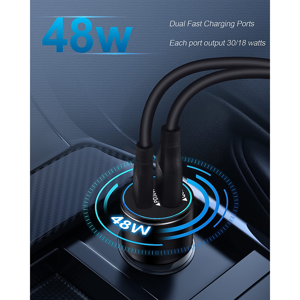 12 Volt USB Outlet, 30w+18w Dual Port USB C Car Charger, Super Fast Charging Cigarette Lighter Adapter Usbc Cargador Carro Auto Plug Phone Car Charger for Android Samsung Galaxy, Google, Apple iPhone